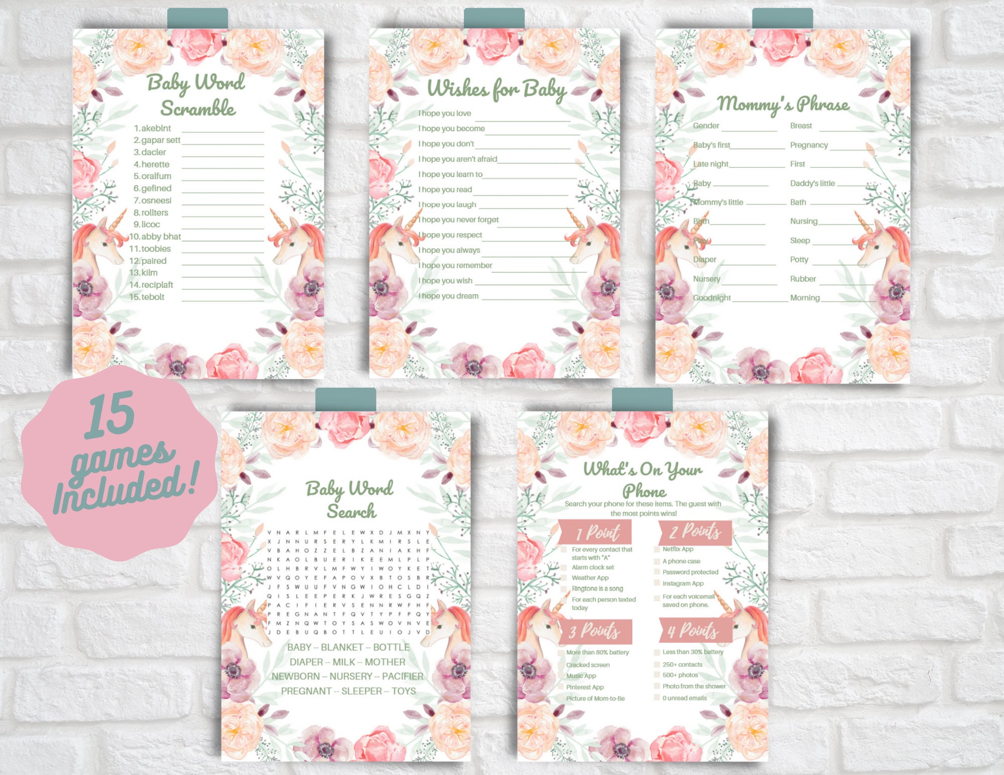 Unicorn Baby Shower Games | Baby Shower Games Bundle | Printable Games ...