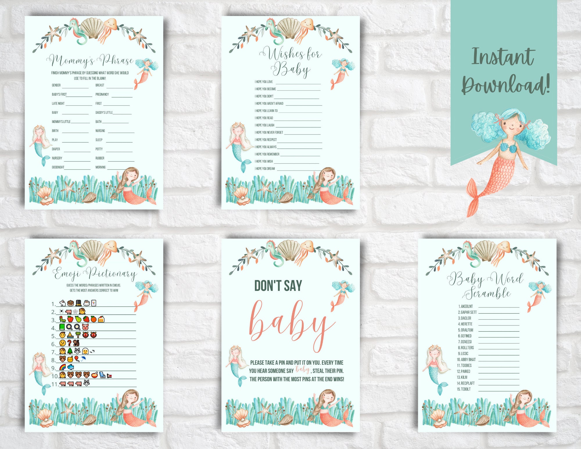 Little Mermaid Baby Shower Games | Mermaid Baby Shower Games Bundle ...