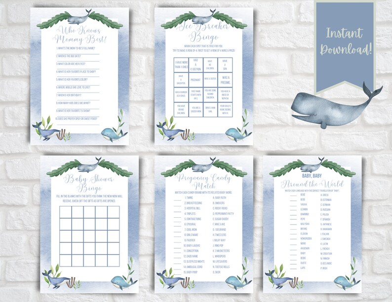 Whale Baby Shower Games | Whale Baby Shower Games Bundle | Printable ...