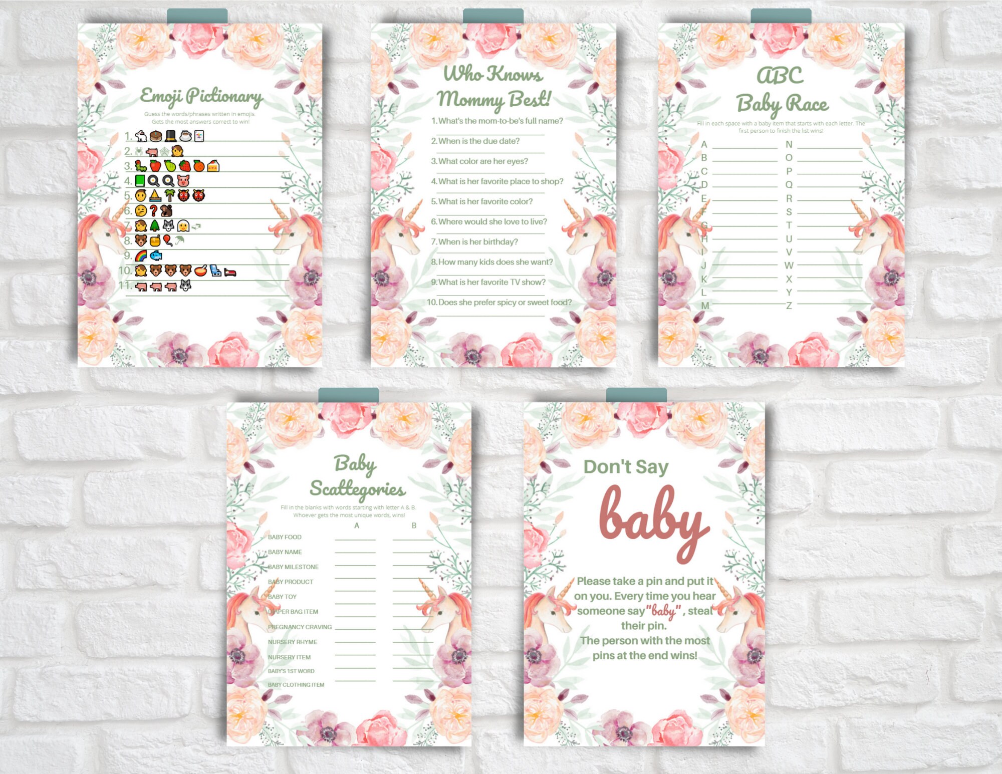 Unicorn Baby Shower Games Baby Shower Games Bundle Printable Games ...