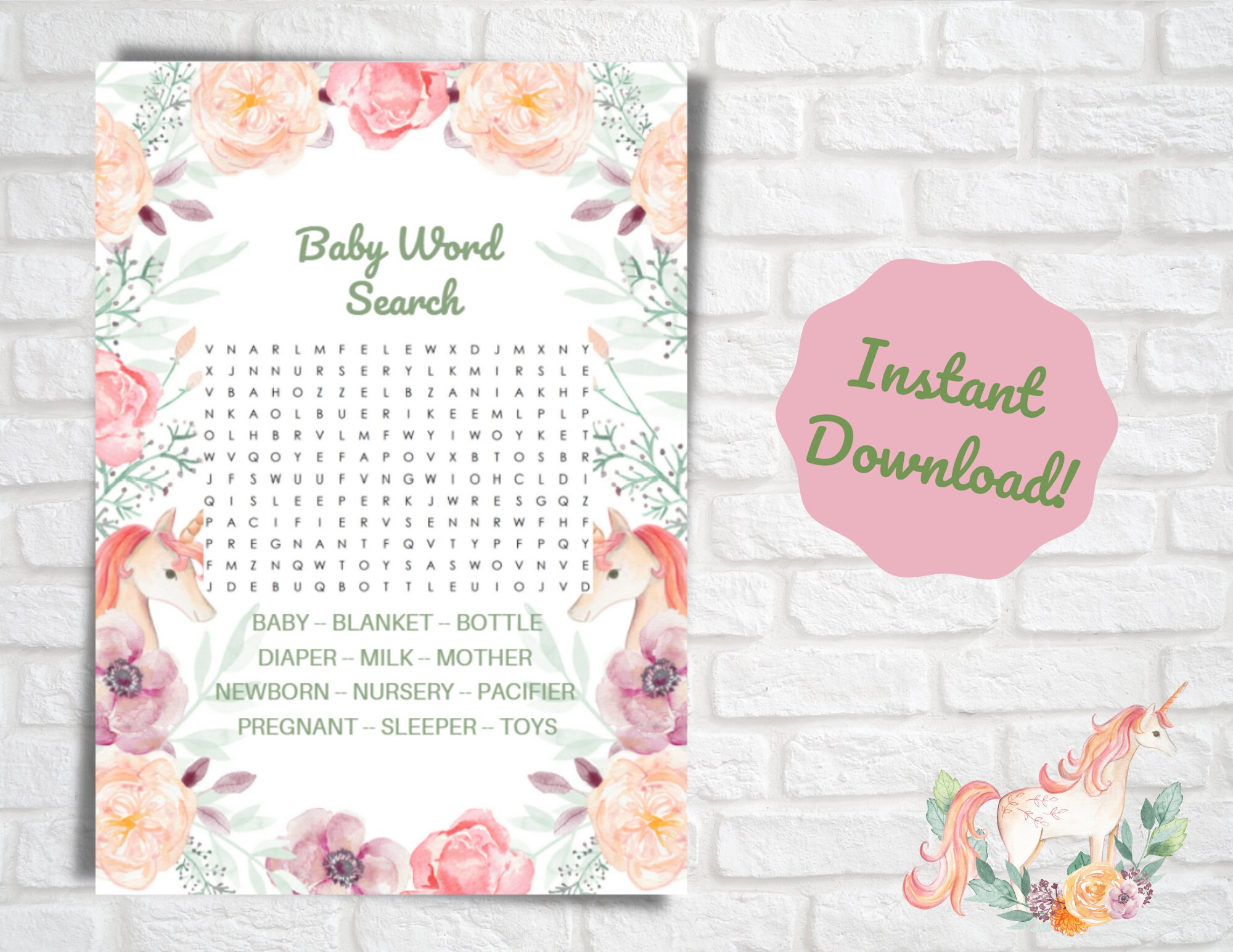 Baby Shower Word Search Game Baby Shower Games Word Search Unicorn ...