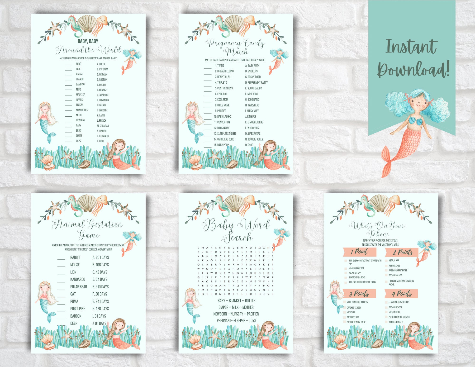 Little Mermaid Baby Shower Games | Mermaid Baby Shower Games Bundle ...