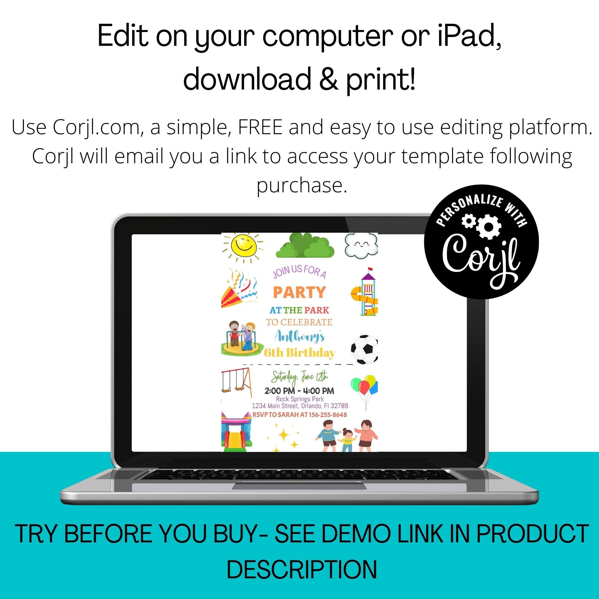 Party Park Birthday Invitation Playground Outside Swings Slide Editable ...