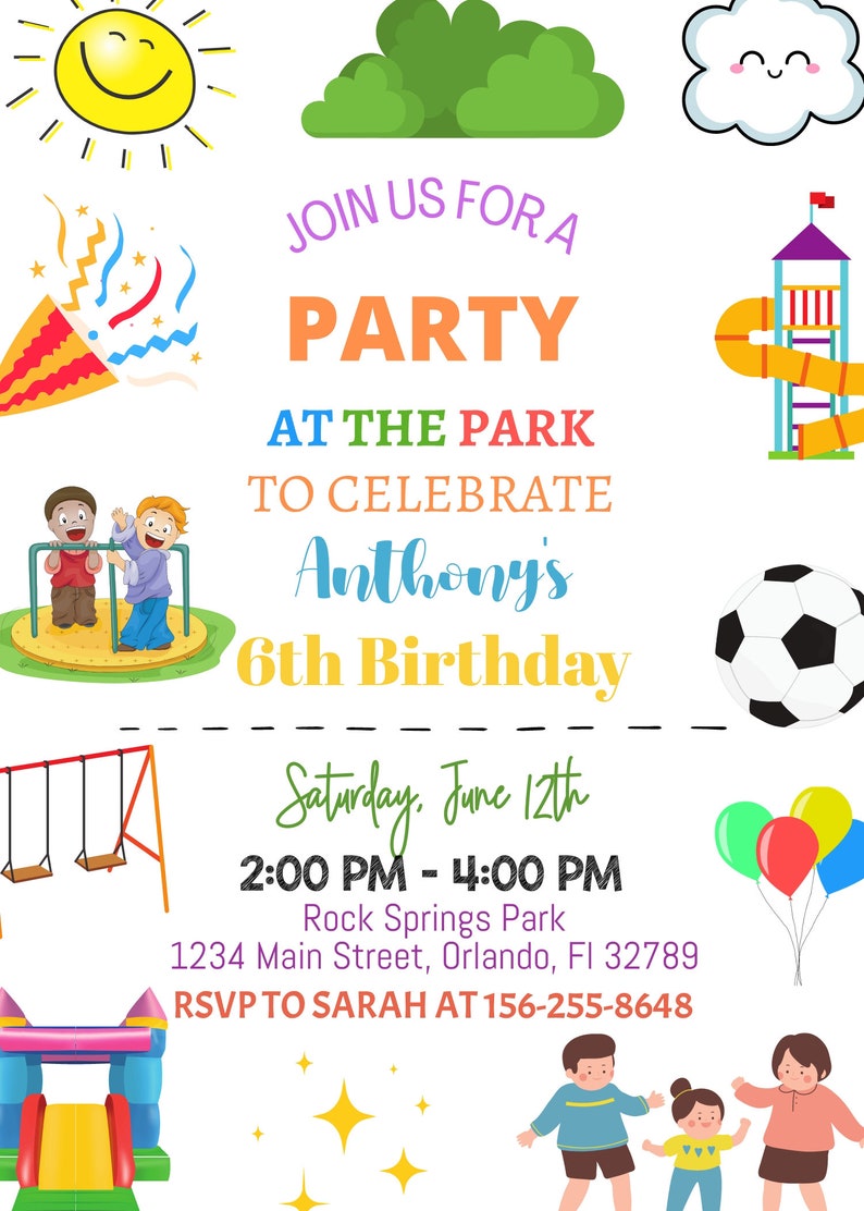 Party Park Birthday Invitation | Playground Outside Swings Slide ...