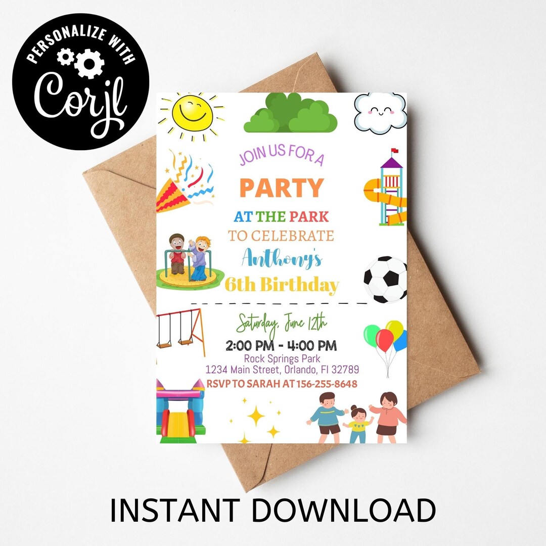 Party Park Birthday Invitation | Playground Outside Swings Slide ...