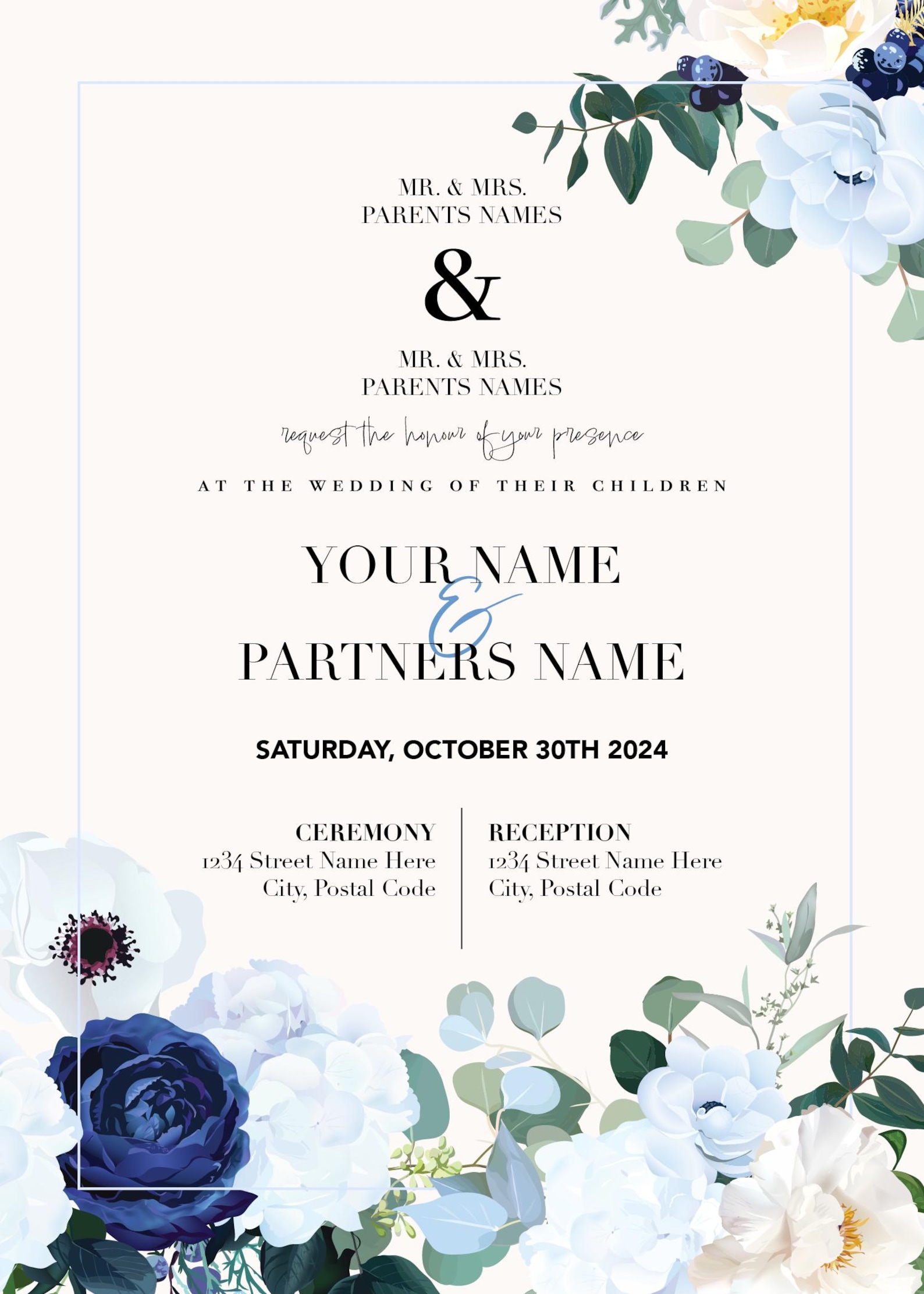 Blue Floral Themed Wedding Invitation Customizable Download - Etsy