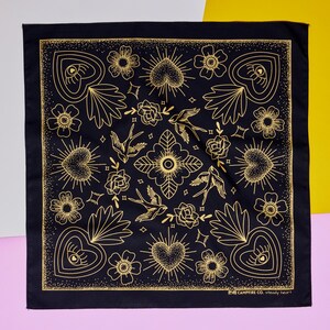 Heart Bandana - 100% Cotton - Handmade Bandana - Black Gold Head Scarf ...