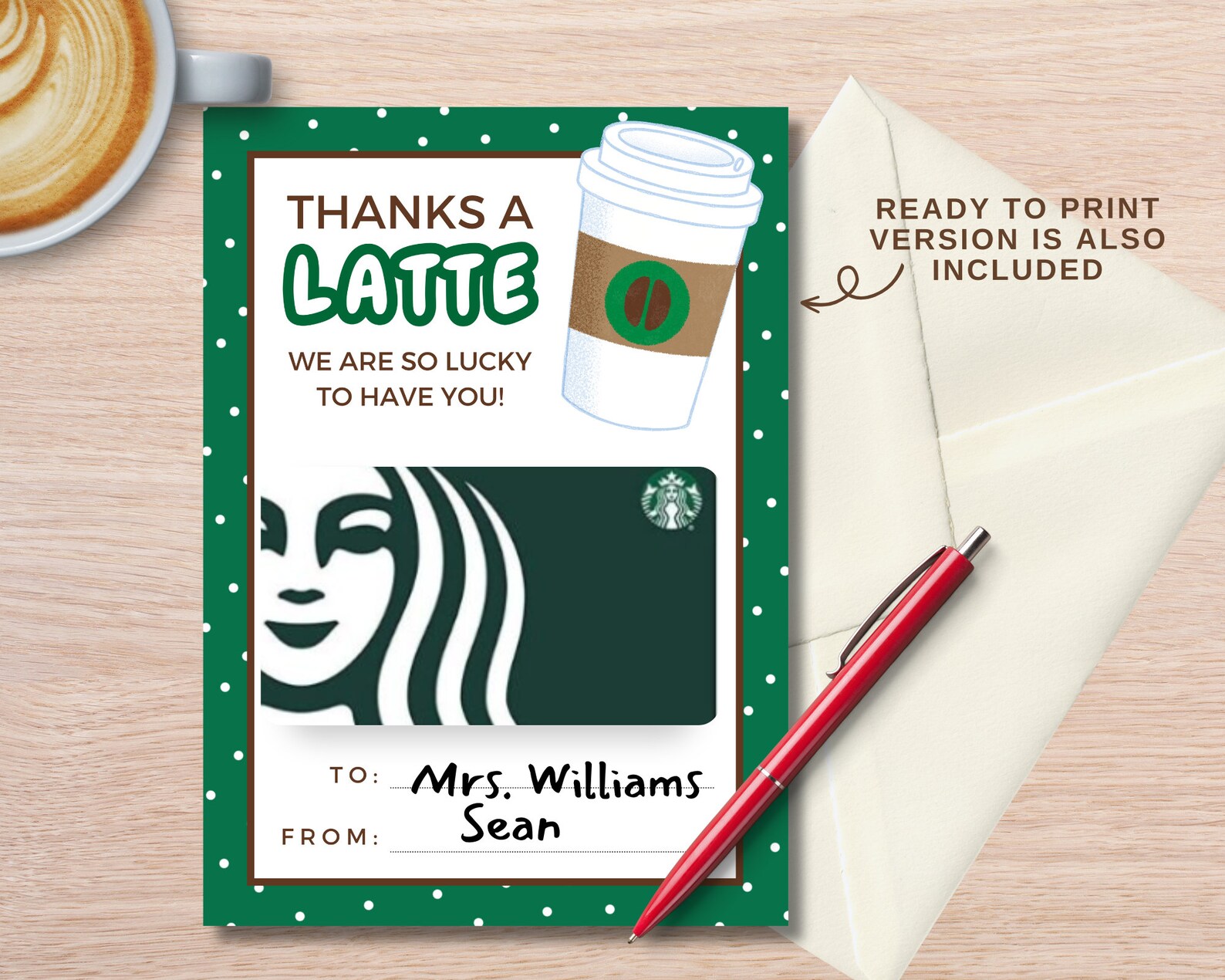 Thanks a Latte Printable Coffee Gift Card Holder is Teacher Gift Card ...