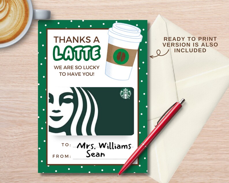 Thanks a Latte Printable Coffee Gift Card Holder is Teacher Gift Card ...