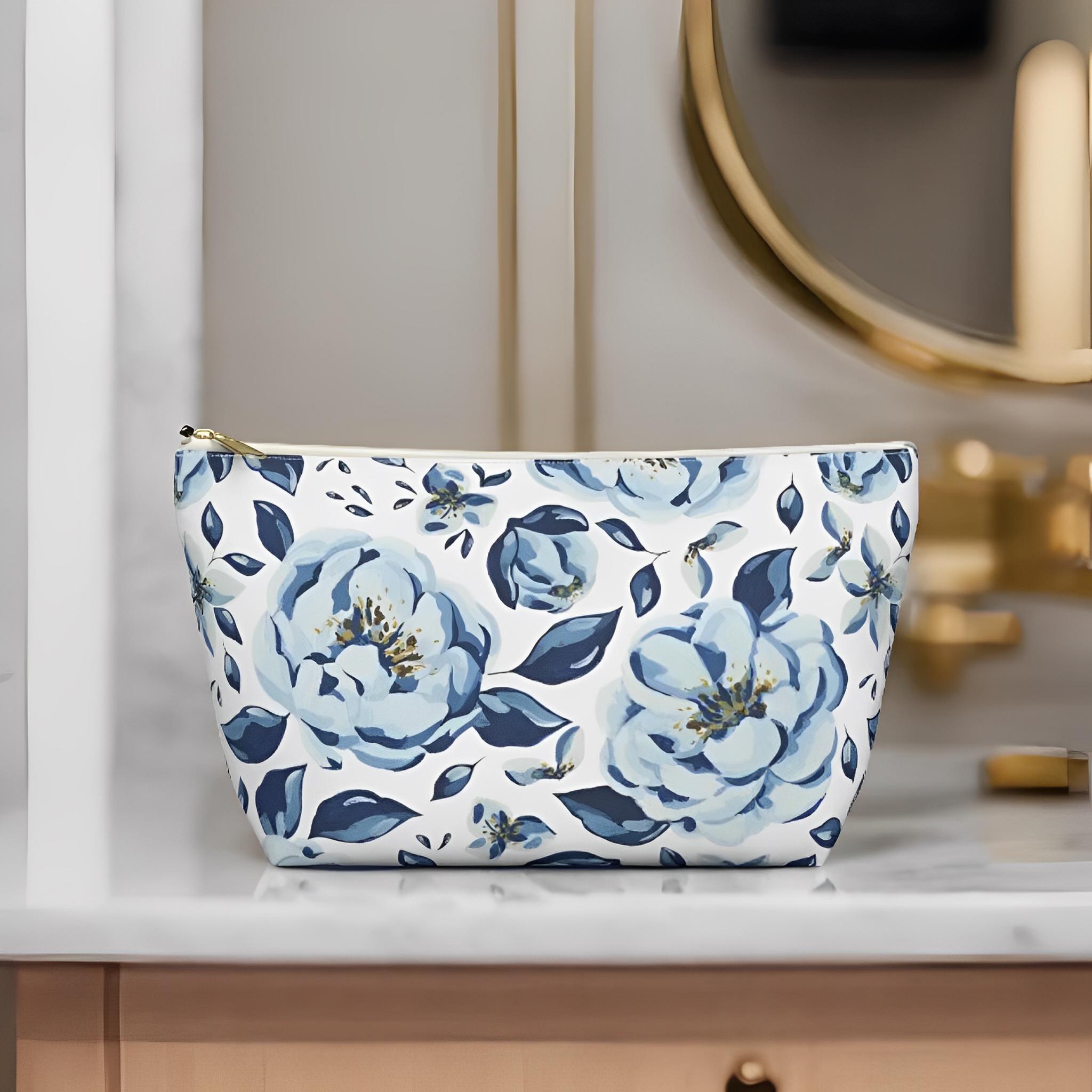 Blue Floral Makeup Bag - Personalized Travel Toiletry Case - Etsy