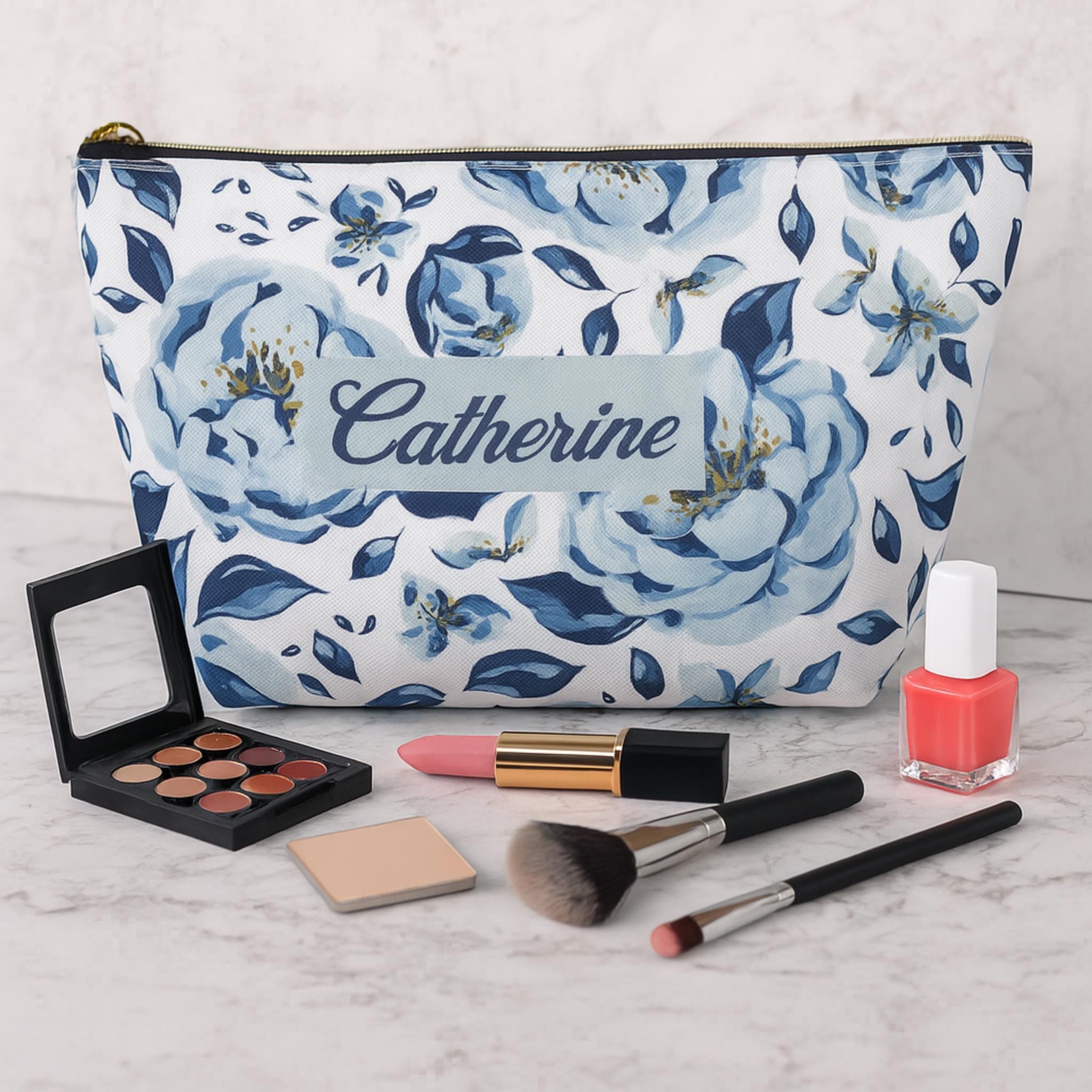 Blue Floral Makeup Bag - Personalized Travel Toiletry Case - Etsy