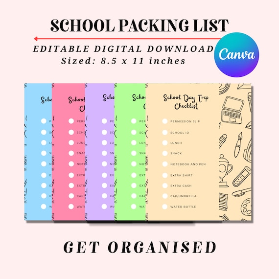 Editable School Packing List 5 Colors Checklist School | Etsy