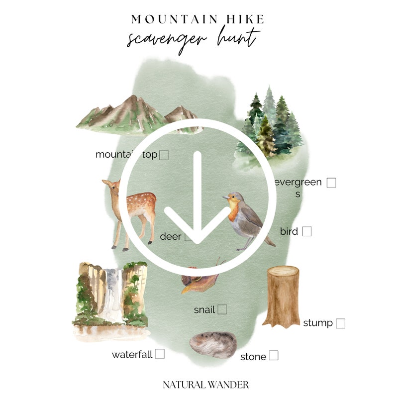 Mountain Hike Scavenger Hunt, Printable Instant Download Watercolor for ...