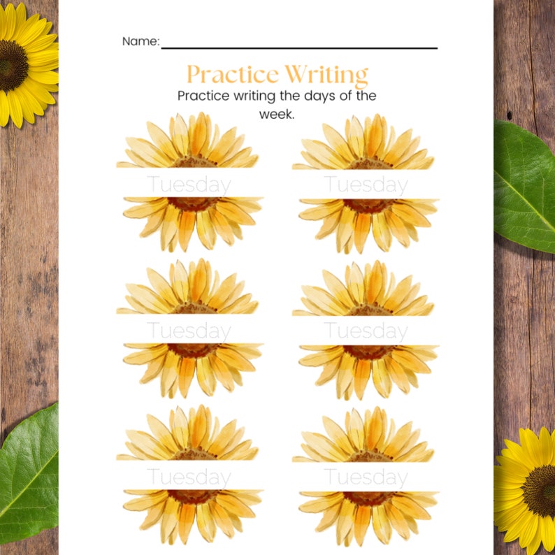 Sunflower Writing Practice, Days of the Week Activity Unit, 7 Pages ...