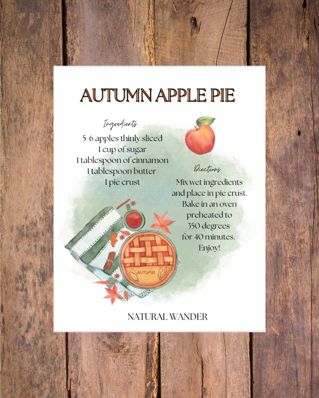 Autumn Apple Pie Recipe Printable Instant Download Watercolor - Etsy