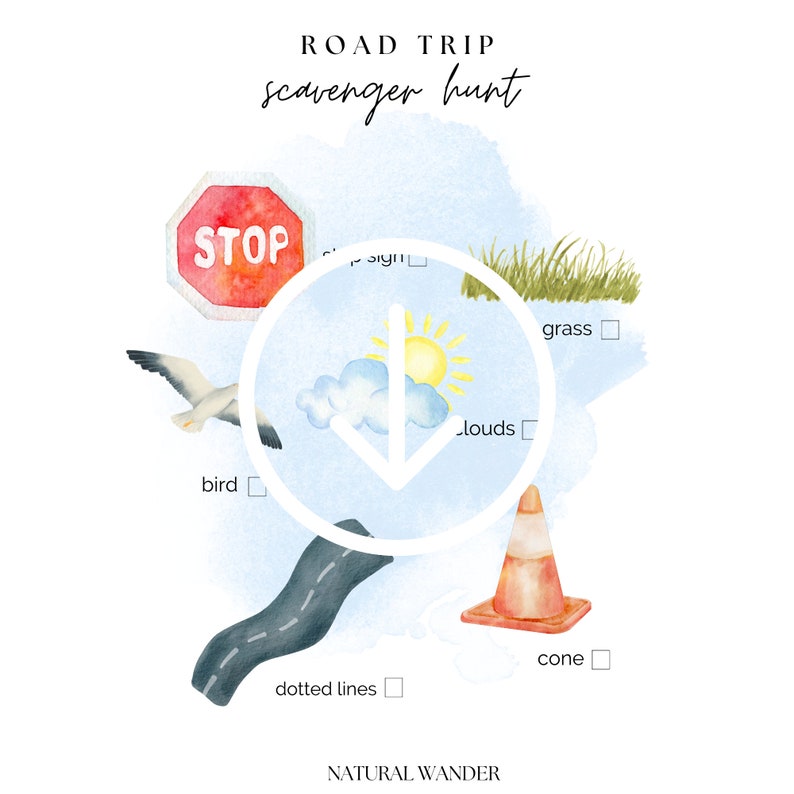Road Trip Scavenger Hunt, Printable Instant Download Watercolor for ...