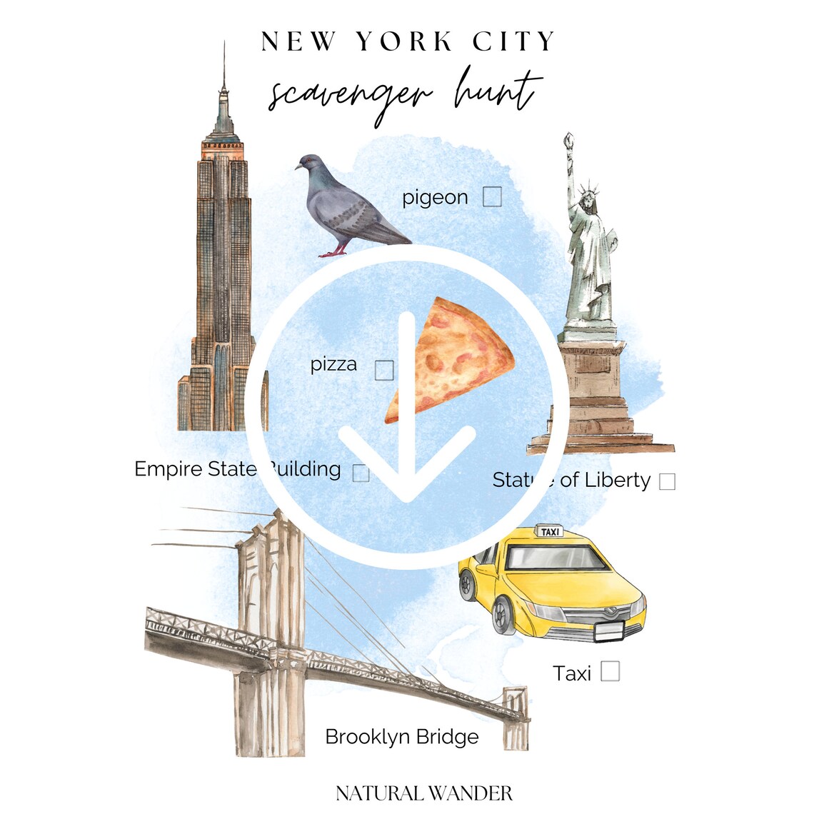 NYC Scavenger Hunt, Printable Instant Download Watercolor for Kids - Etsy