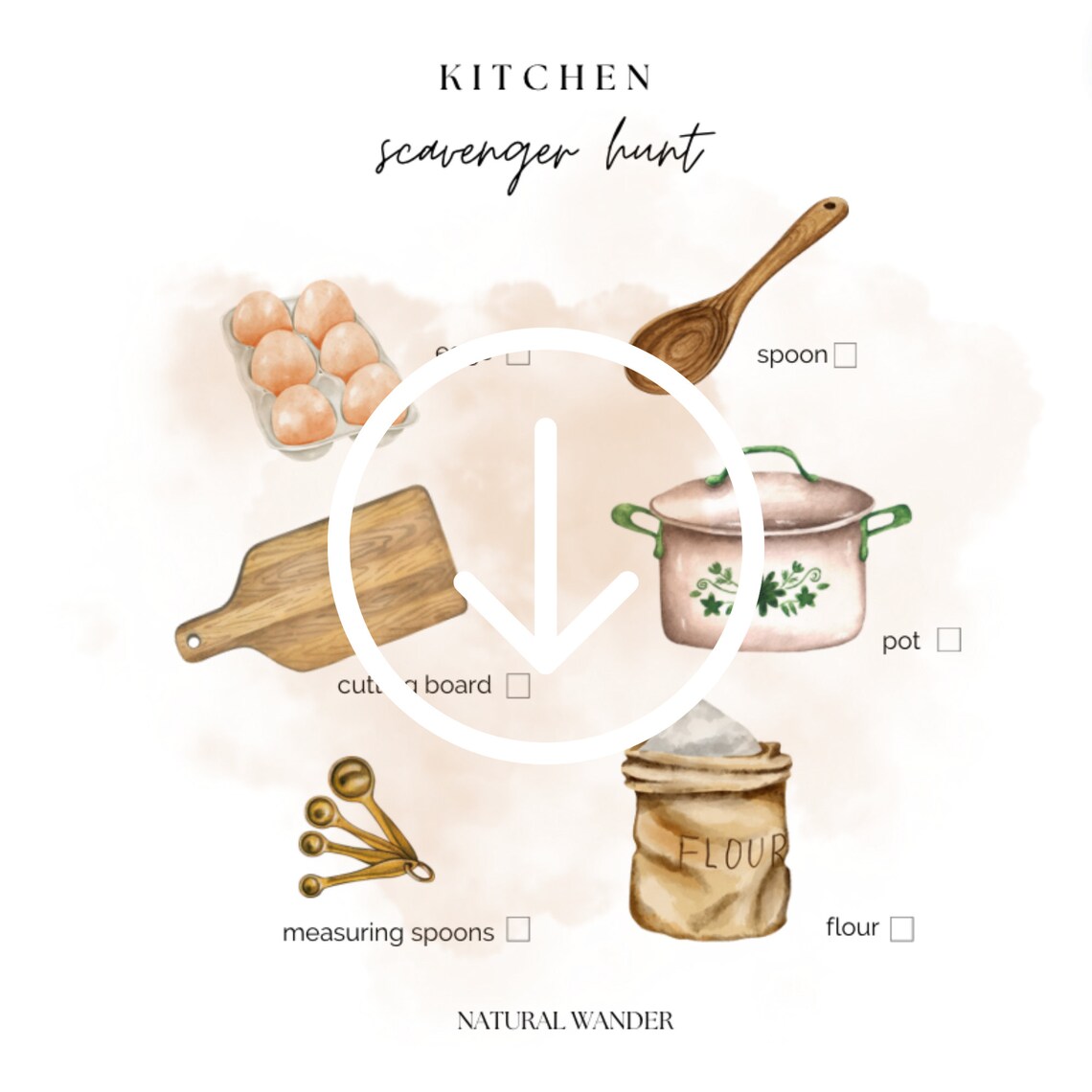 Kitchen Scavenger Hunt, Printable Instant Download Watercolor for Kids ...