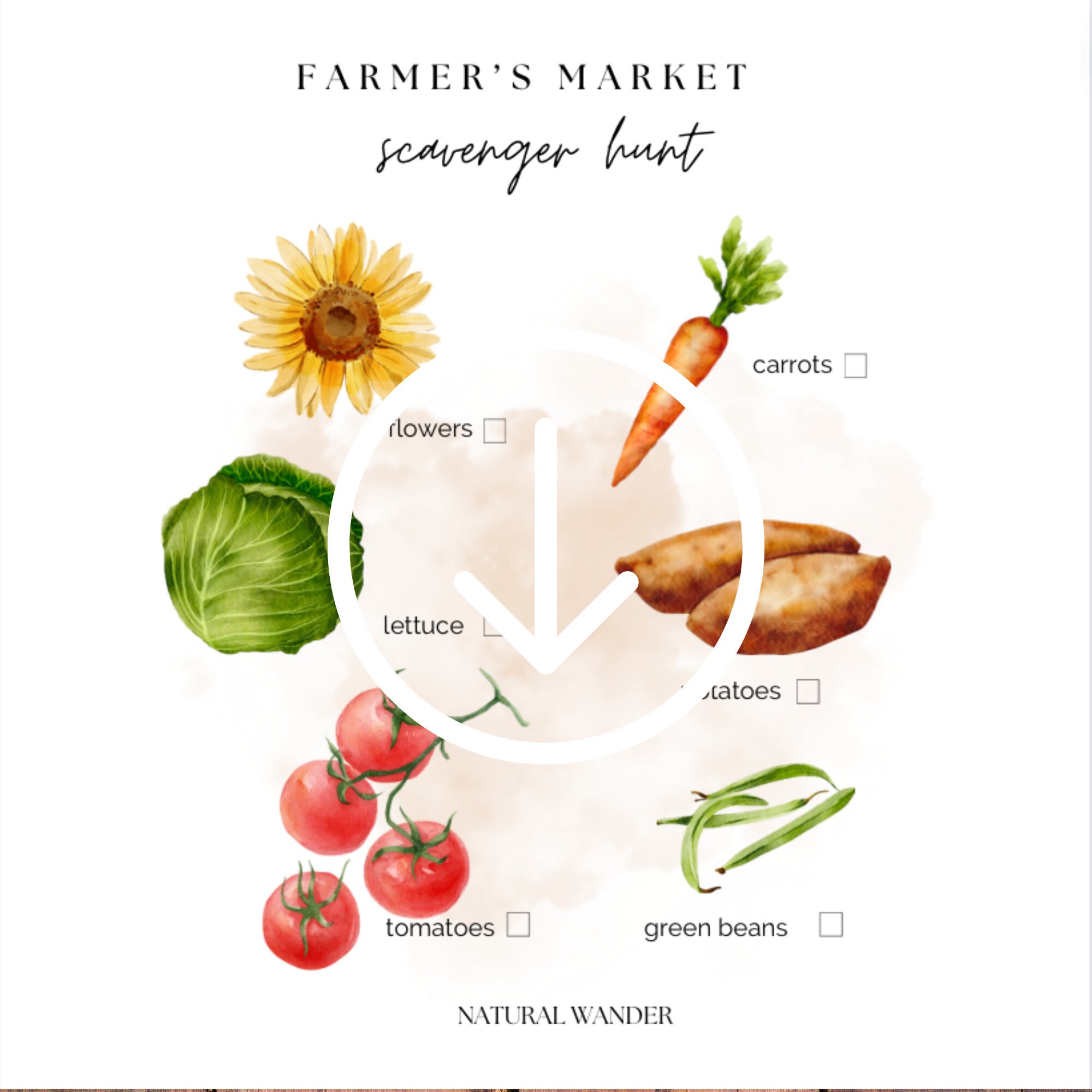 Farmer's Market Scavenger Hunt, Printable Instant Download Watercolor ...