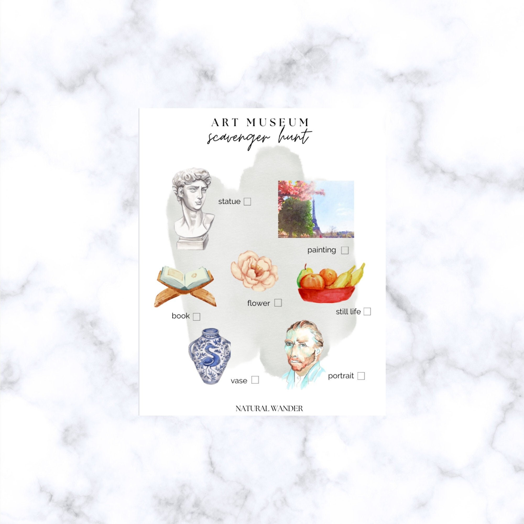 Art Museum Scavenger Hunt, Printable Instant Download Watercolor for ...