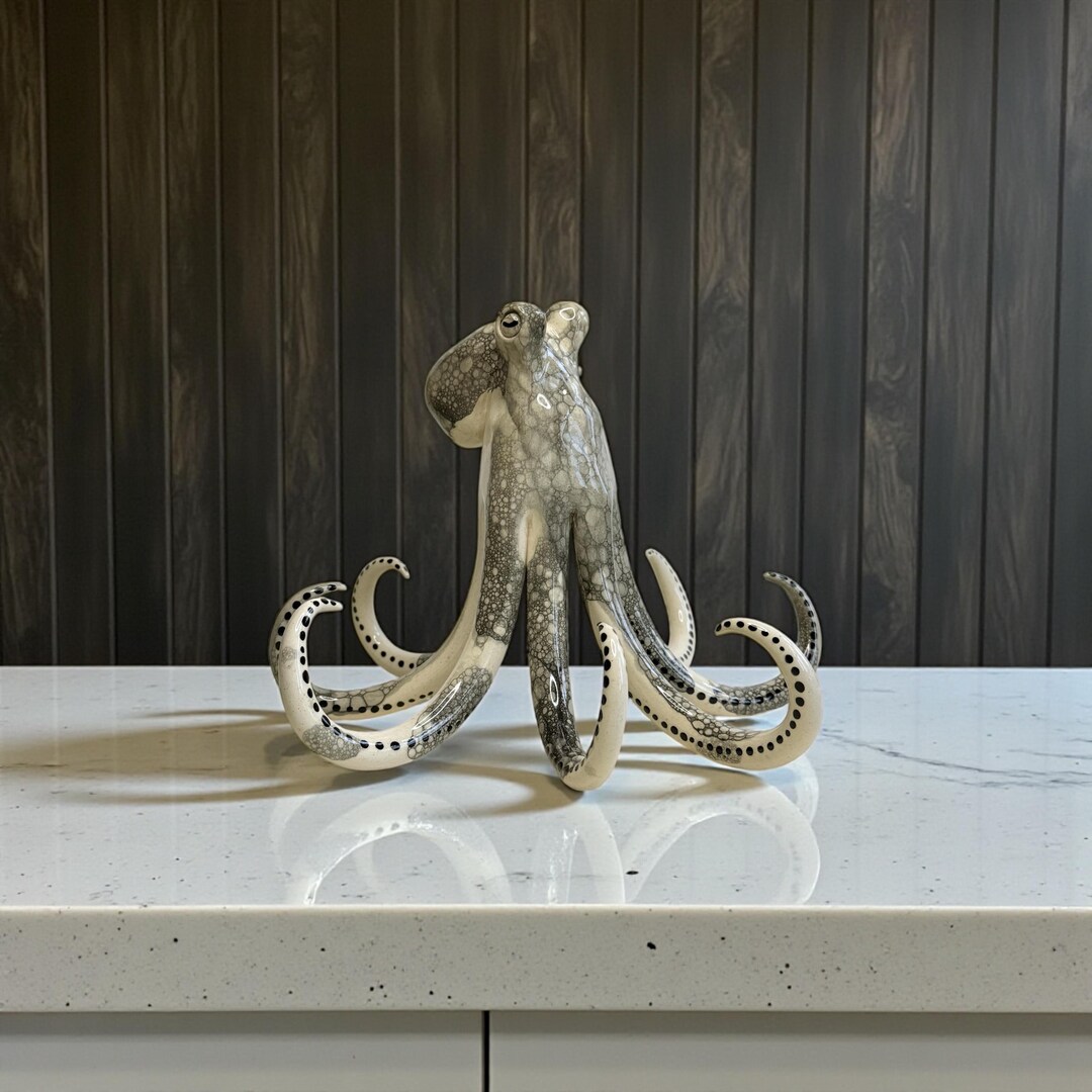 Handmade Ceramic Octopus Sculpture, Bone Colored With Black Bubble ...