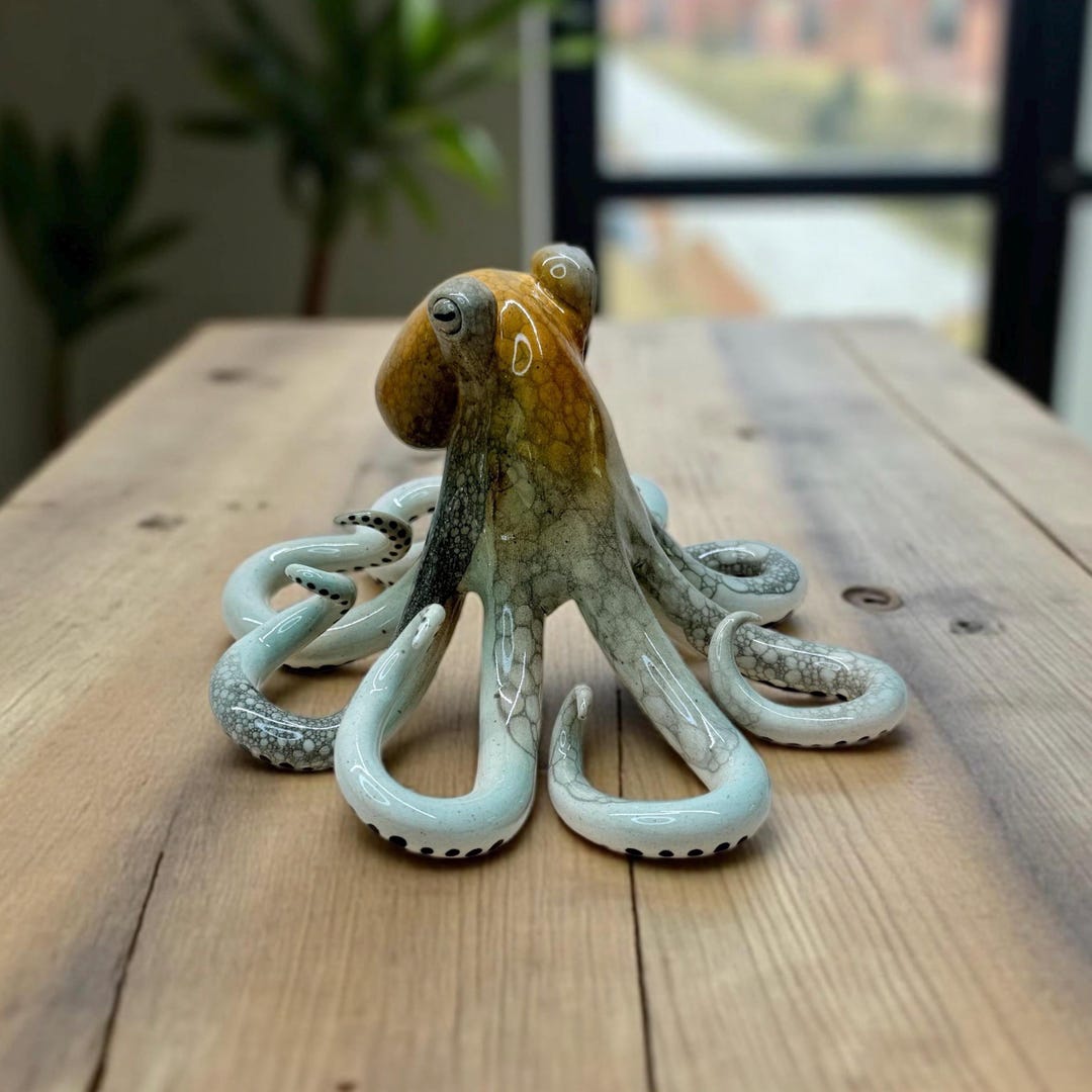 Handmade Ceramic Octopus Sculpture: Light Blue & Orange Ocean Decor - Etsy