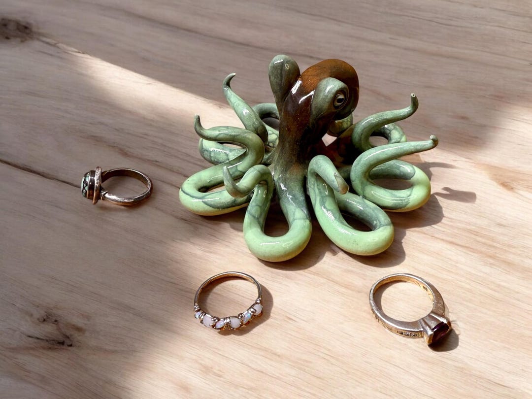 Handmade Pistachio, Green and Brown Ceramic Octopus Ring Holder Perfect ...
