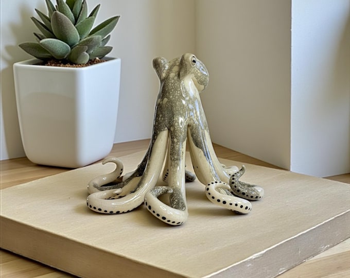 Handmade Ceramic Octopus Sculpture: Bone Colored With Black Bubble ...