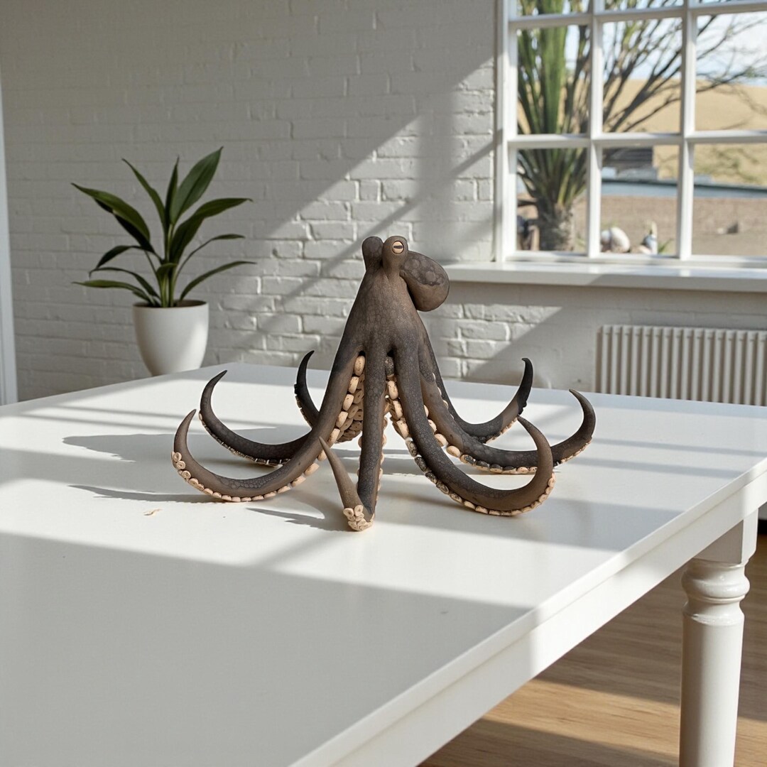 Handmade Ceramic Octopus Sculpture, Ash Brown With Black Bubble Effect ...