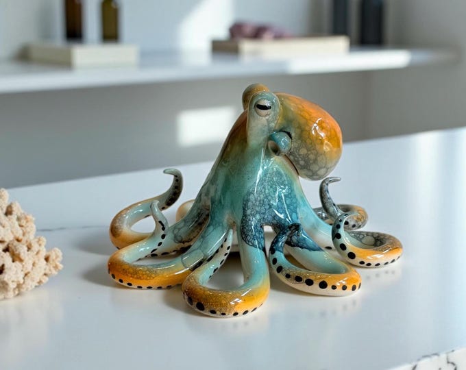 Handmade Ceramic Octopus Sculpture: Brown and Teal Ocean Decor - Etsy