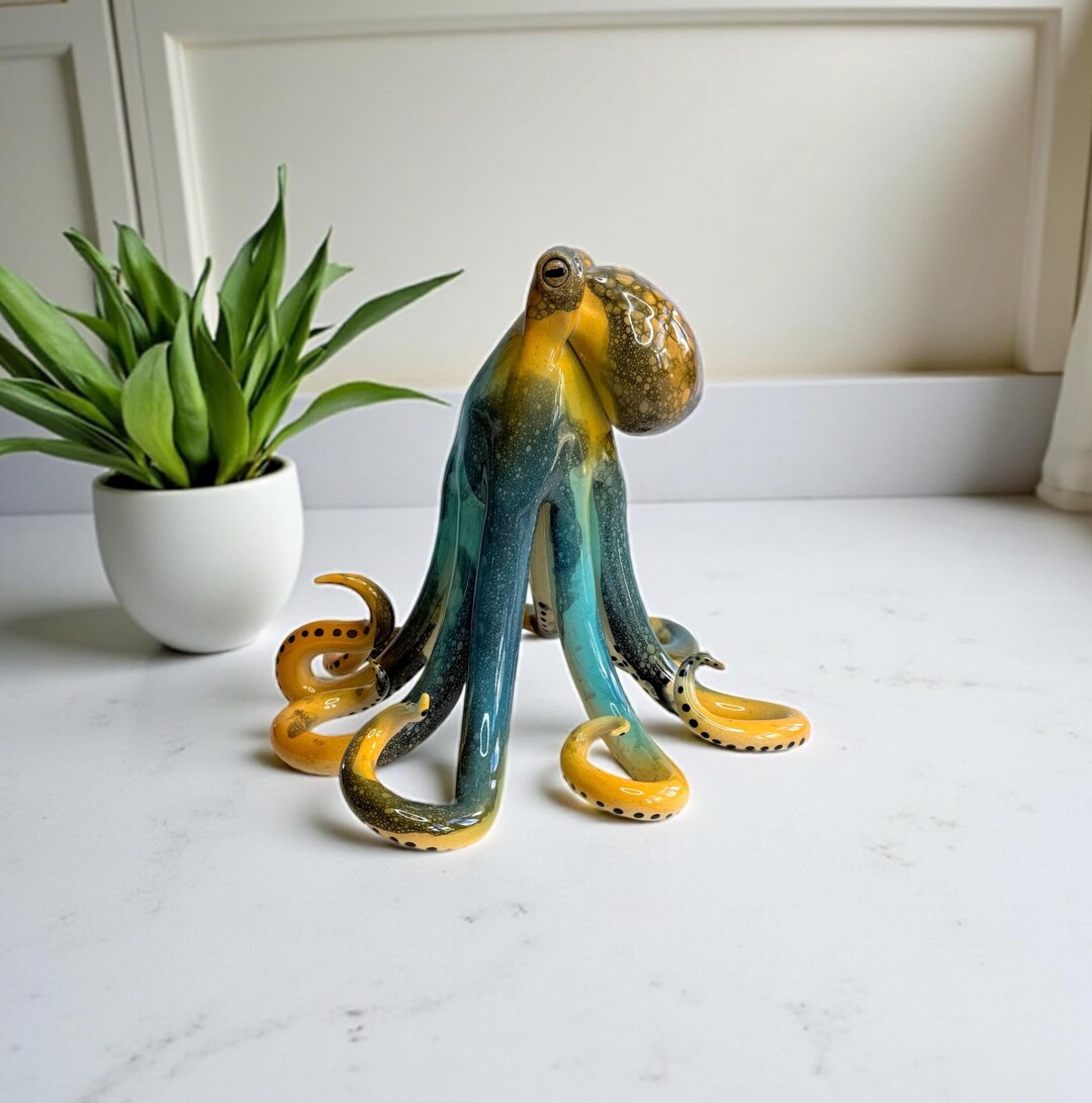 Handmade Ceramic Octopus Sculpture: Teal and Orange With Black Bubble ...