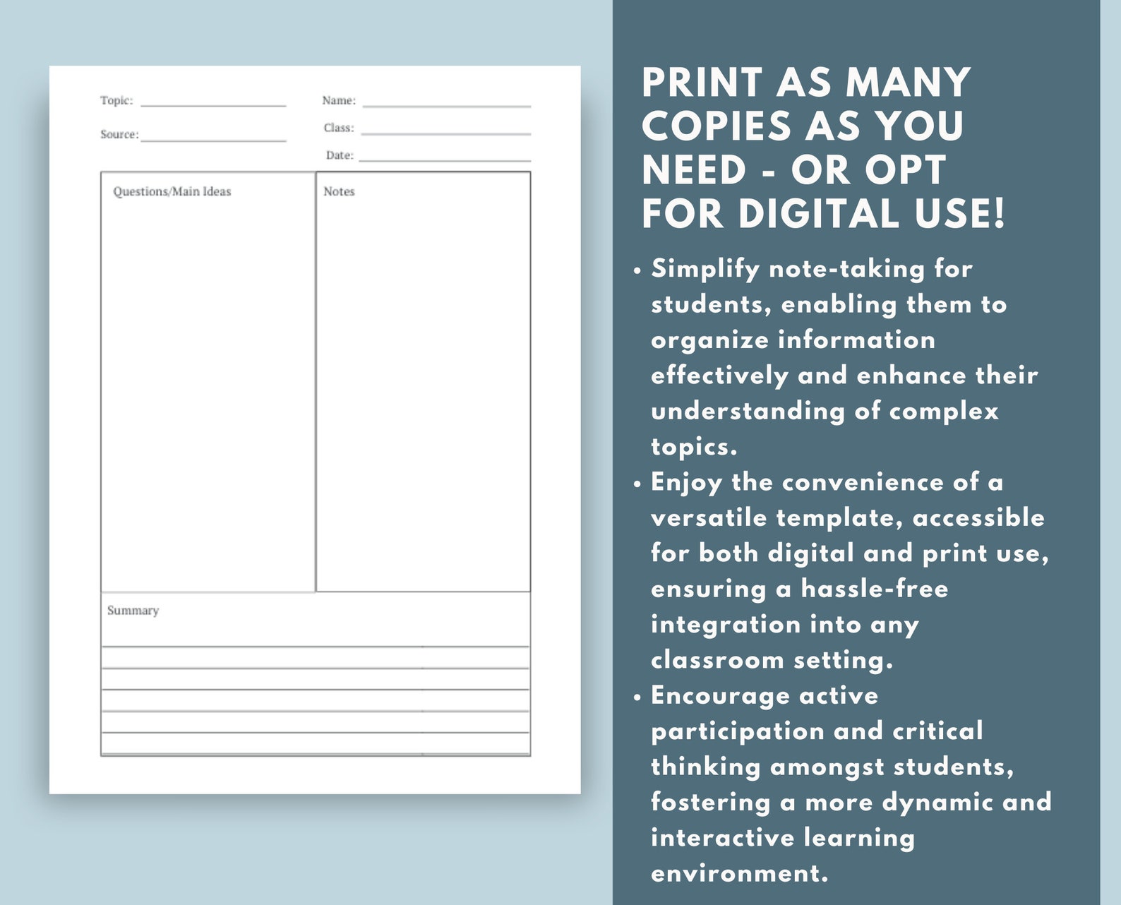 Cornell Note-taking Printable Template for Classroom Success - Teacher ...