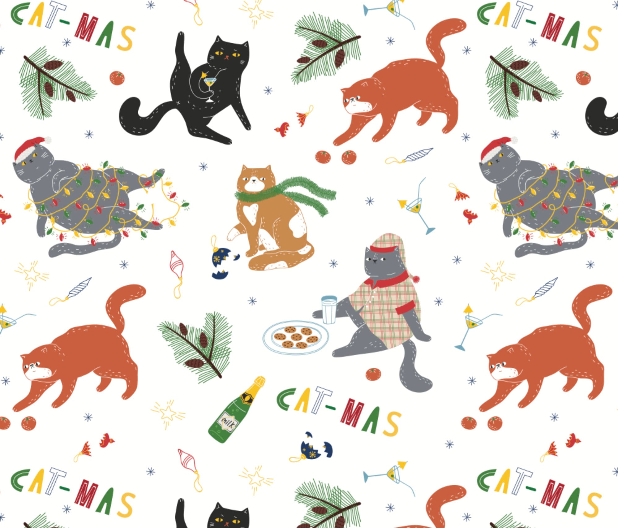 Christmas Cat Wrapping Paper Cat Christmas Gift Wrap, Cat Wrapping ...