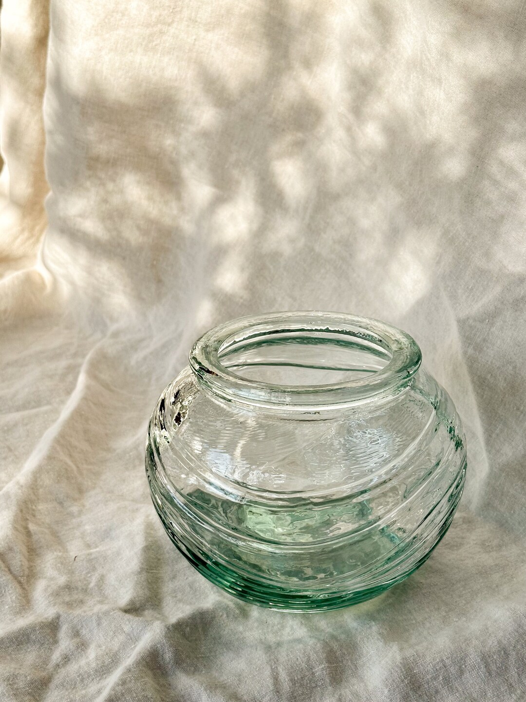 Vintage Green Glass Round Vase / Thick Glass Circular Vase With Swirl ...
