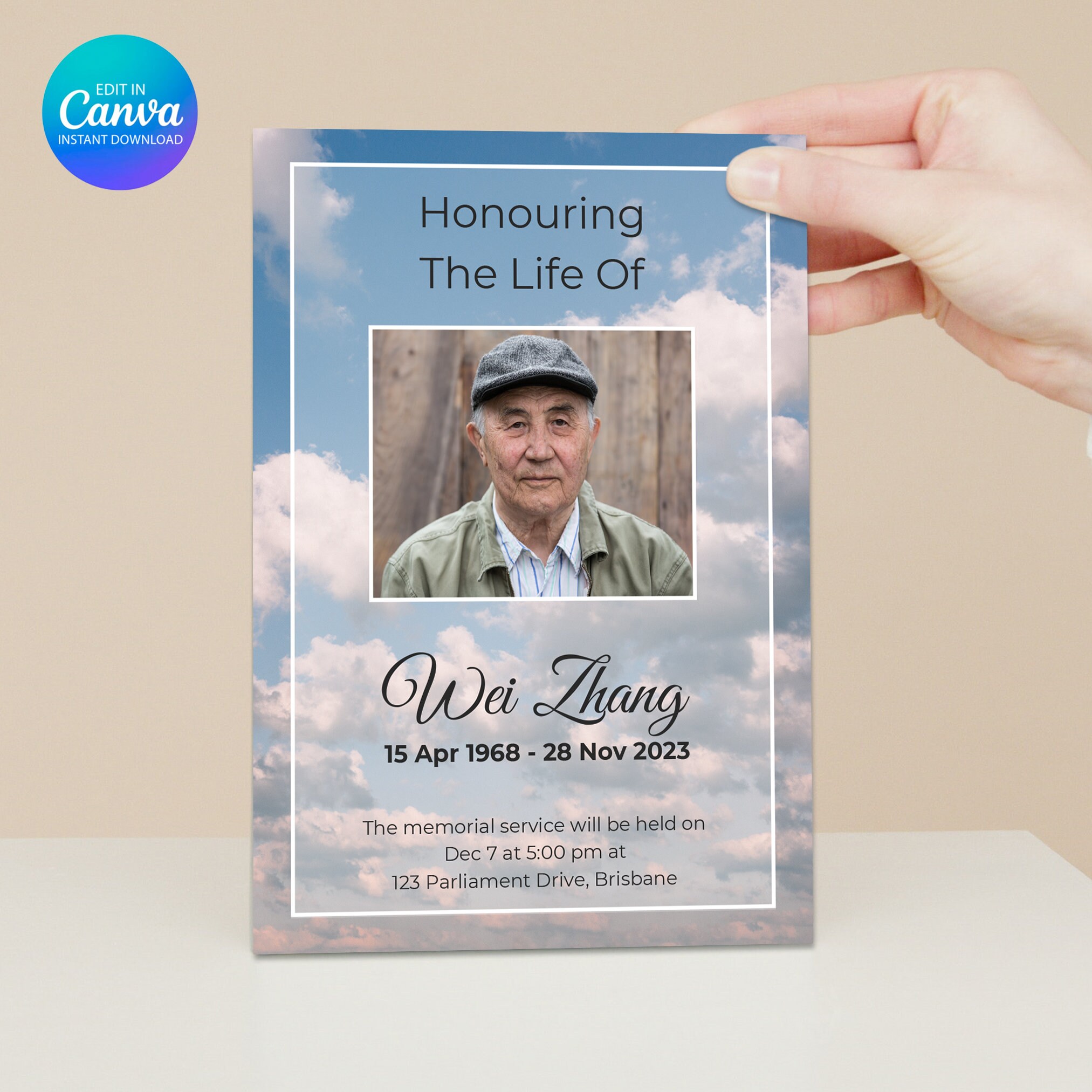 Cloud Funeral Program Template, Canva Editable Funeral Program, Sky ...