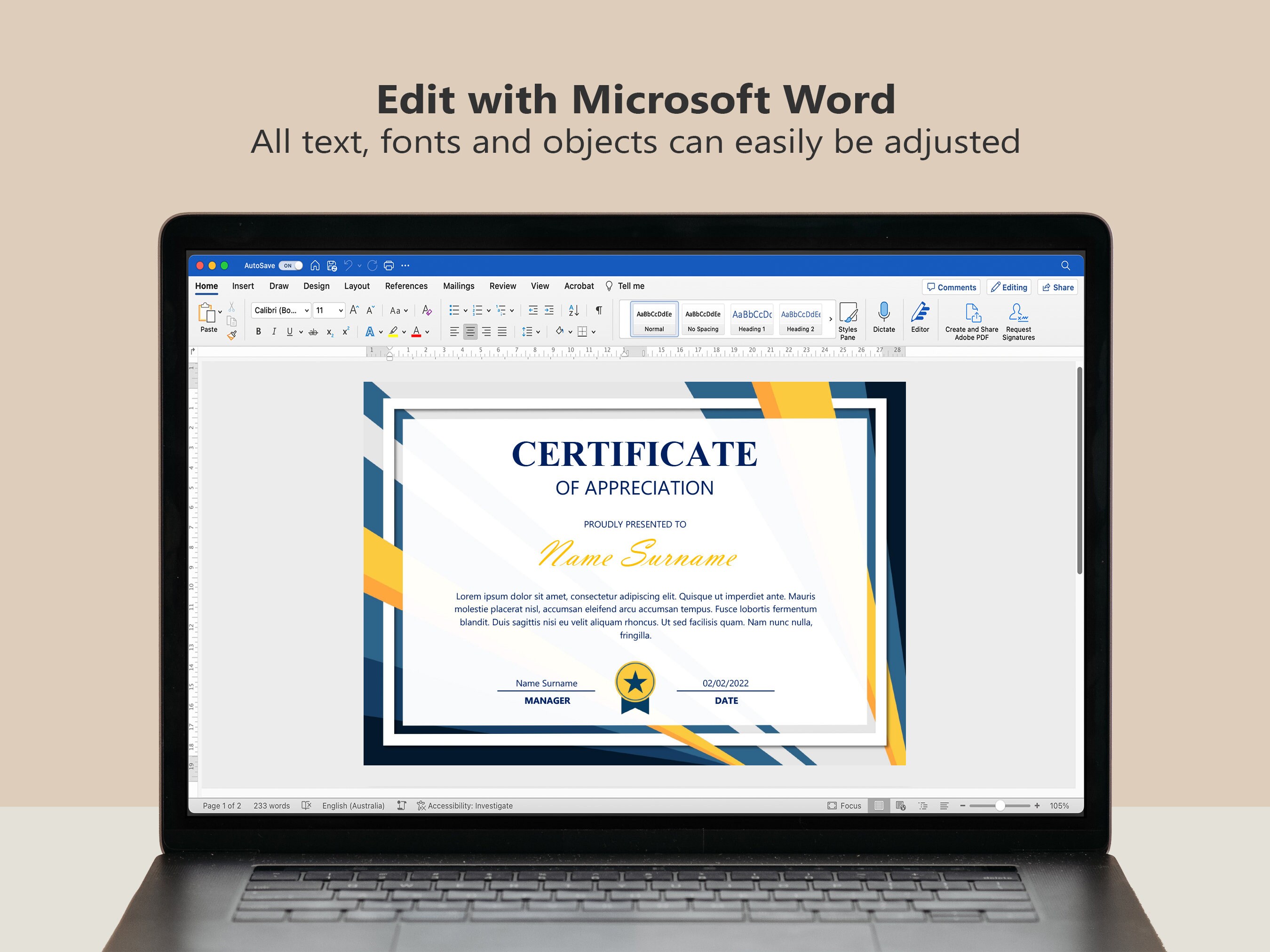 Microsoft Word Certificate Template, Editable Certificate of ...