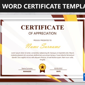 Microsoft Word Certificate Template, Editable Certificate of ...