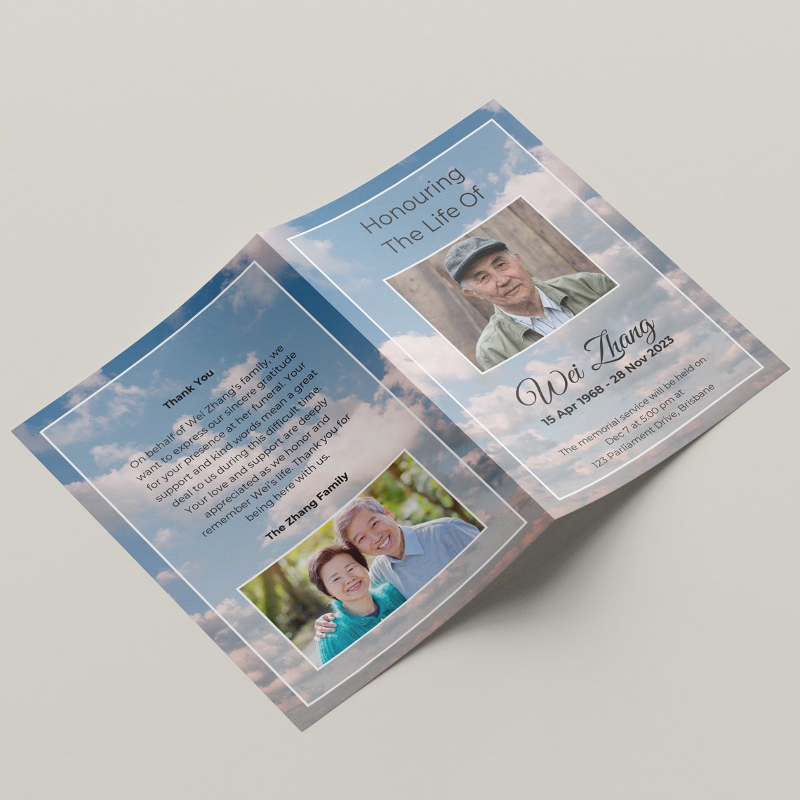 Cloud Funeral Program Template, Canva Editable Funeral Program, Sky ...