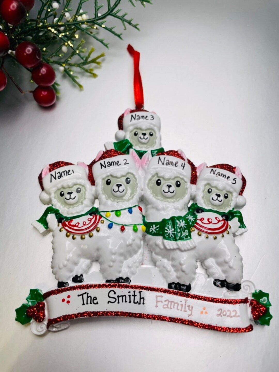 Family of 5 Llamas Ornament, Alpaca Family of Five Personalized ...