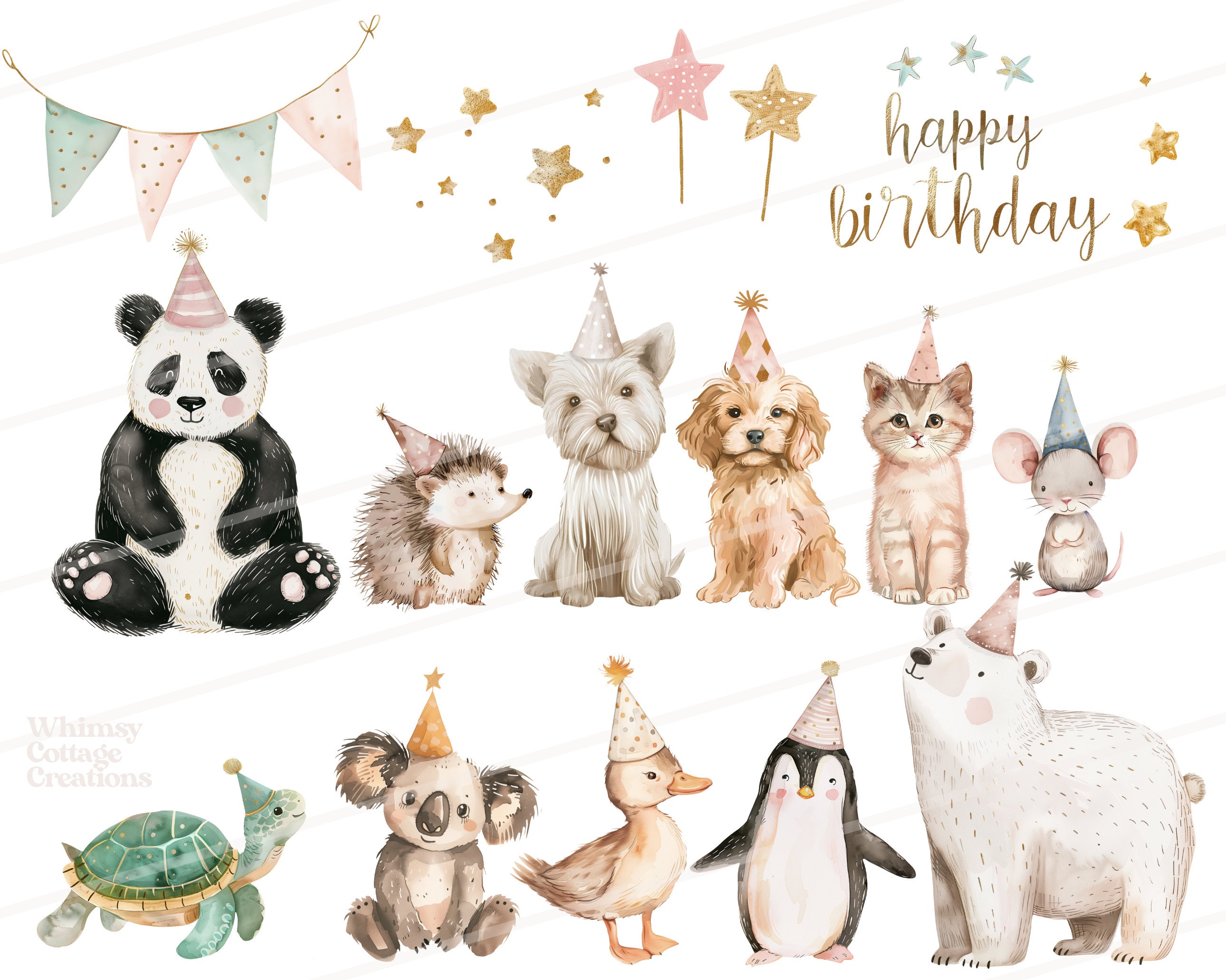 Whimsical Cute Birthday Clipart Watercolor Illustration Celebration ...