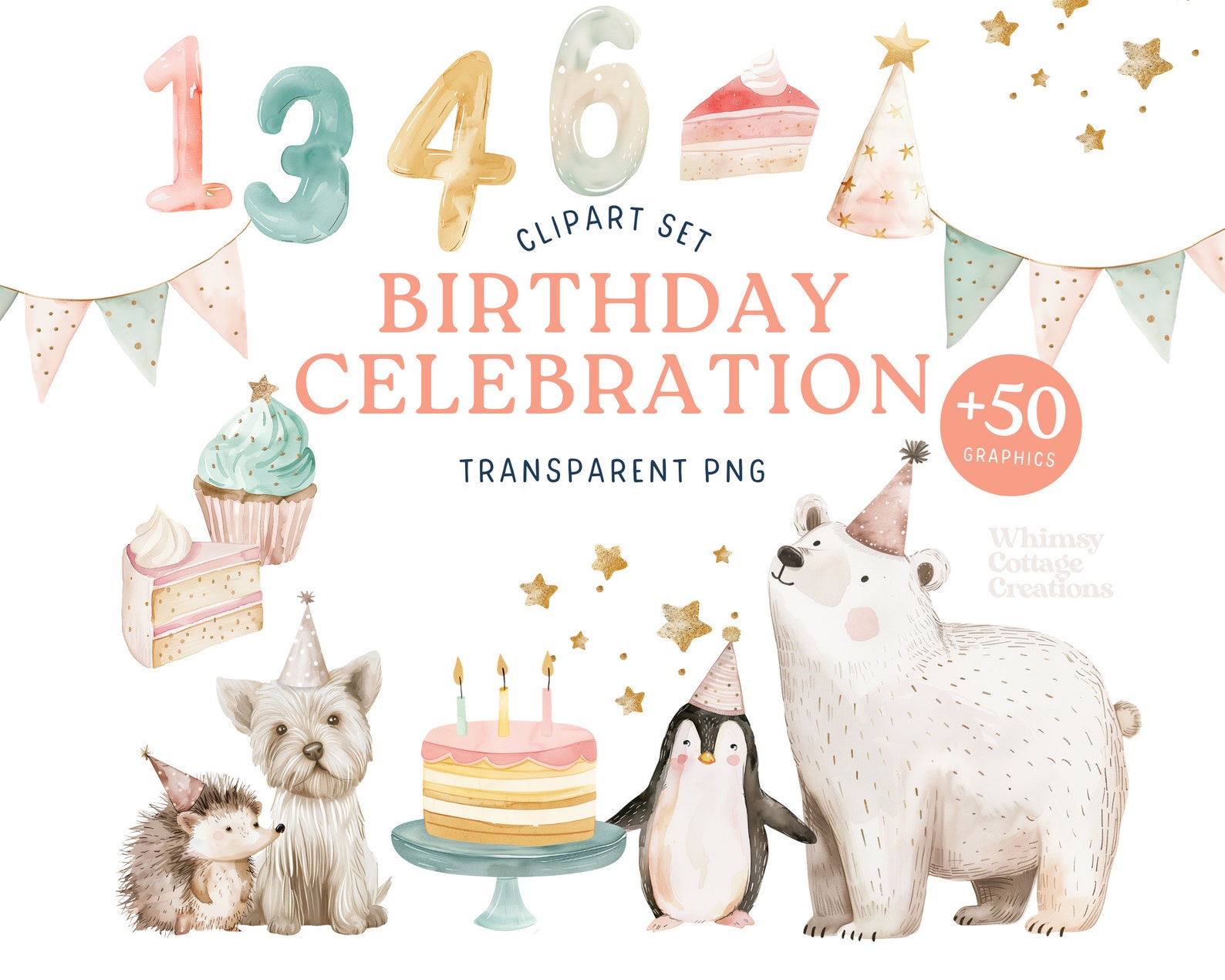 Whimsical Cute Birthday Clipart Watercolor Illustration Celebration ...
