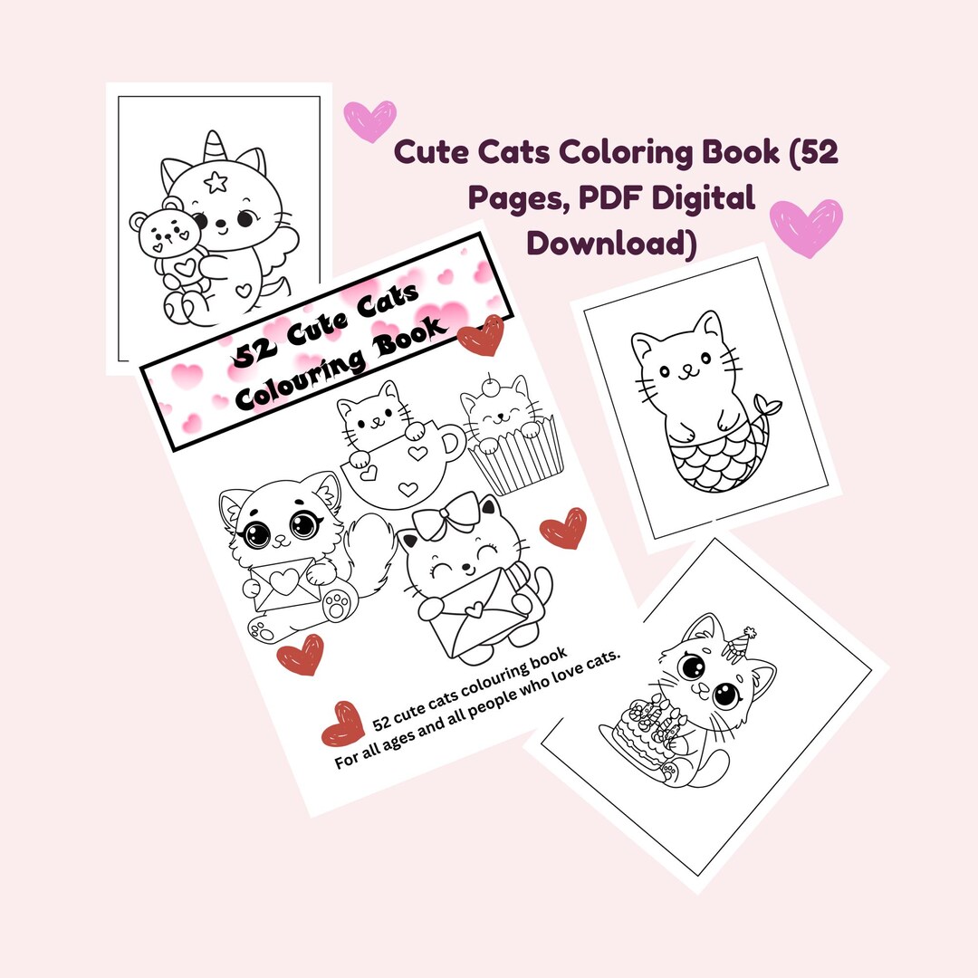 Printable Cute Cats Coloring Book , Whiskers & Wonders: 52 Adorable Cat ...