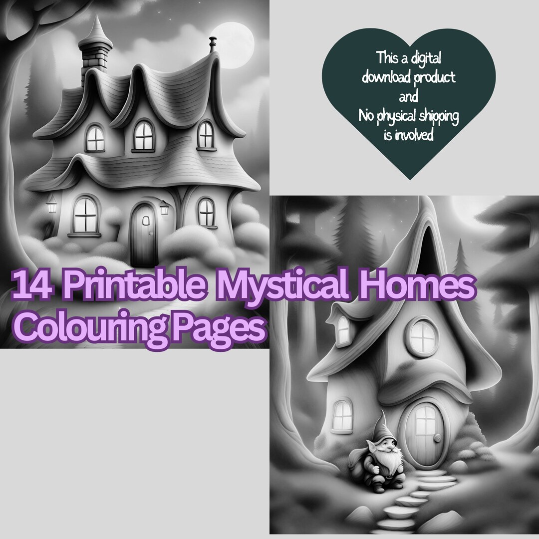 14 Printable Grayscale Mystical Homes Colouring Pages, Mystical ...