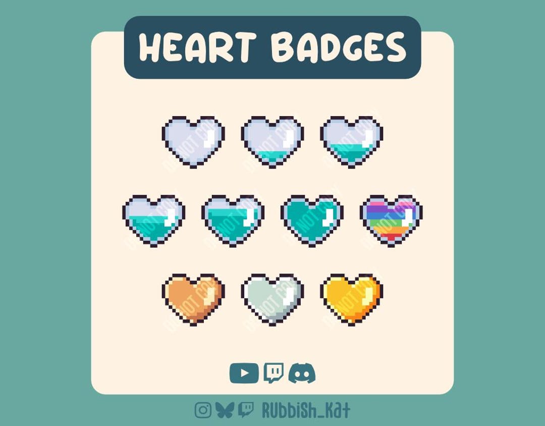 10 Teal Heart Container Sub / Bits Badges | Pixel Art Badges for Twitch ...