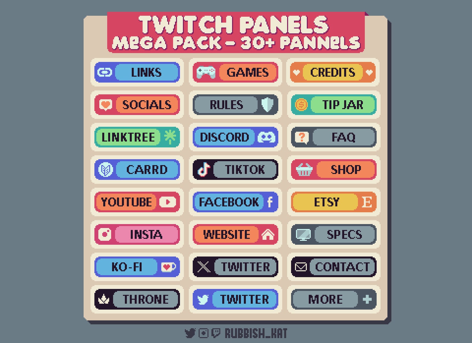 Colourful Retro Pixel Art Twitch Panels Mega Pack 30 Panels ...