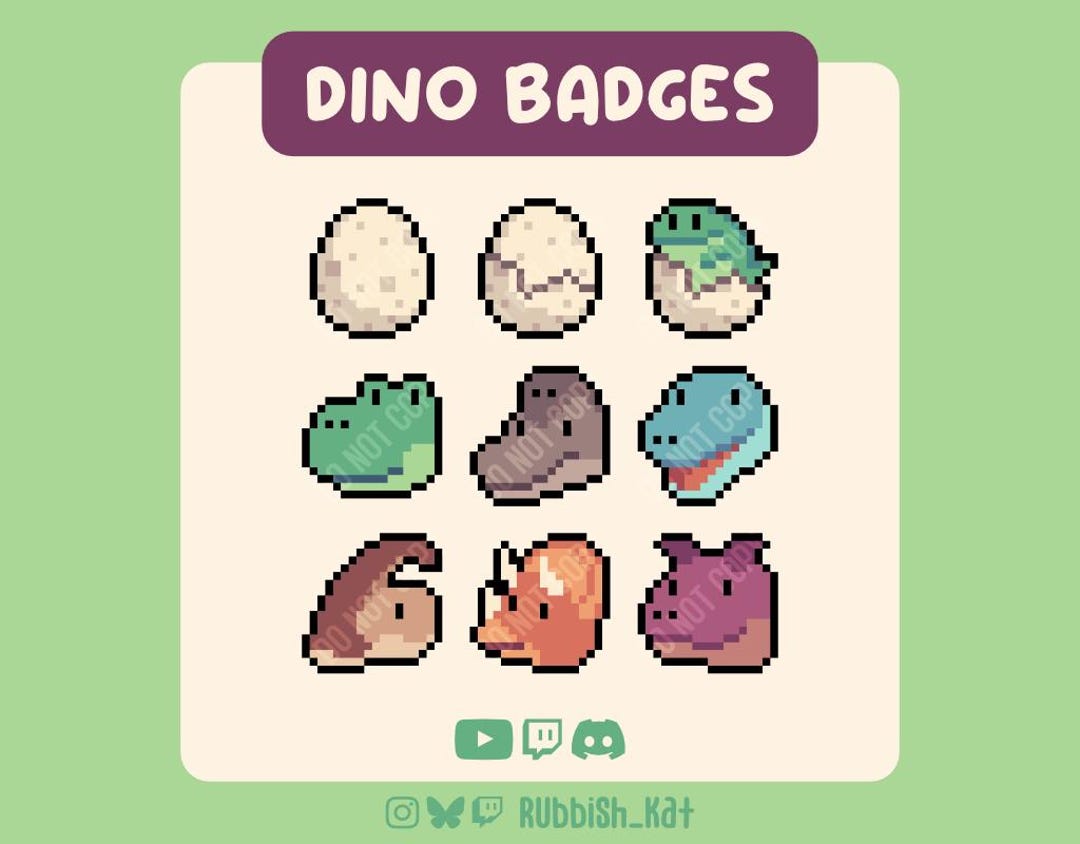 6 Pixel Art Dino Head Twitch Sub or Bits Badges + 3 Egg Badges | Ready ...
