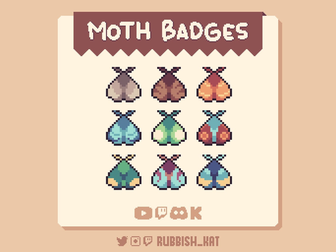 9 Moth Sub or Bits Badges, Cozy Colors, Cute Pixel Art Badges for ...