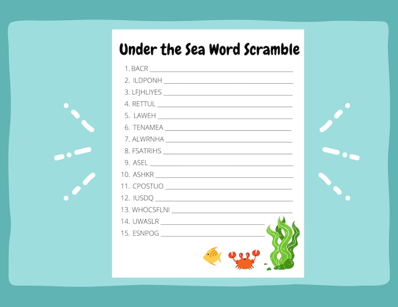 Under the Sea Ocean Fish Word Scramble - Word Game Worksheet Activity ...