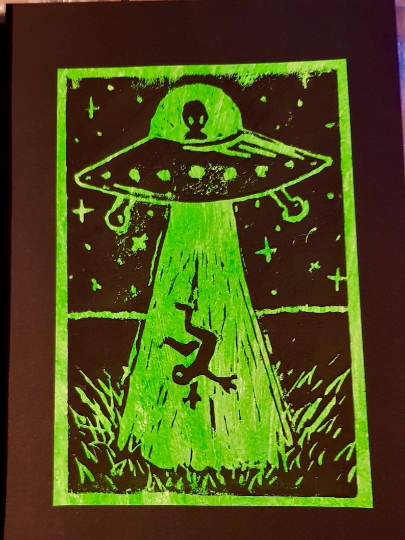 Green Alien Abduction Linocut Art Print - Etsy
