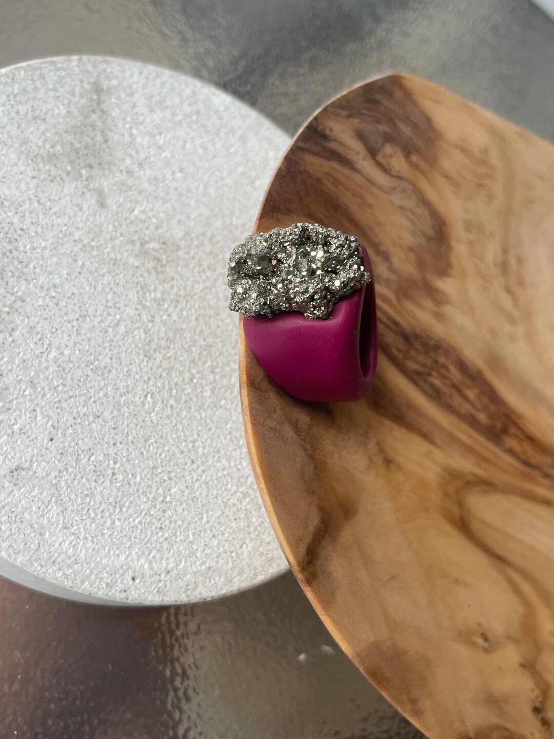 Burgundy Statement Polymer Clay and Natural Raw Pyrite Ring - Etsy